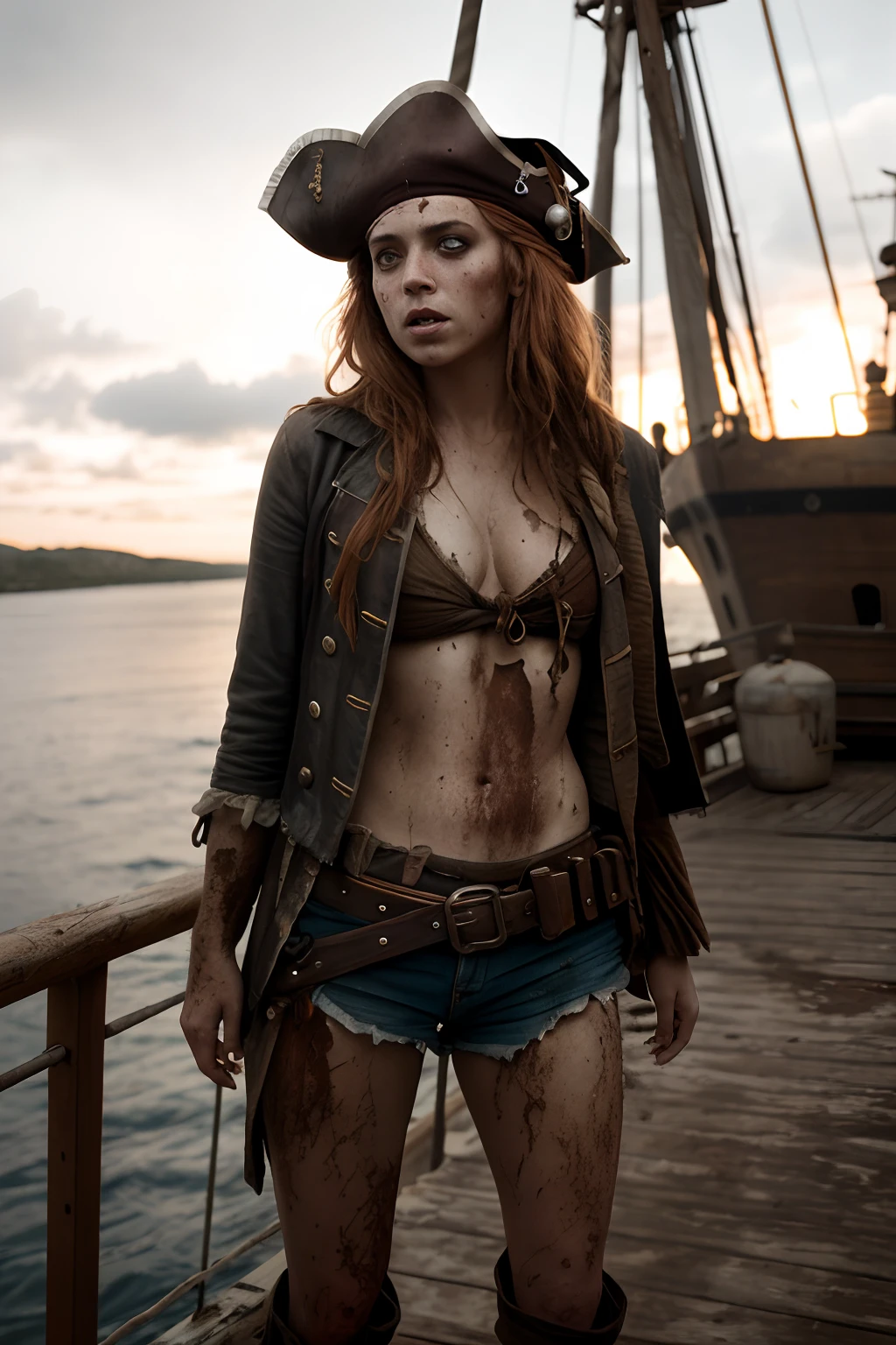 Arafed woman in pirate costume standing on a dock next to a ship - SeaArt AI