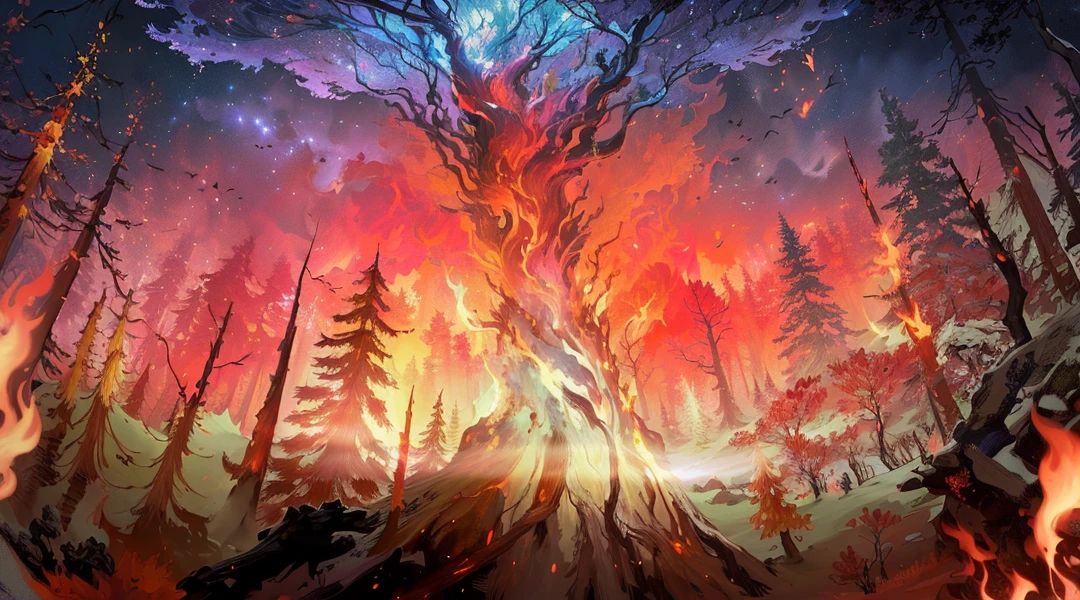 flames are burning in a forest with a tree in the background ...