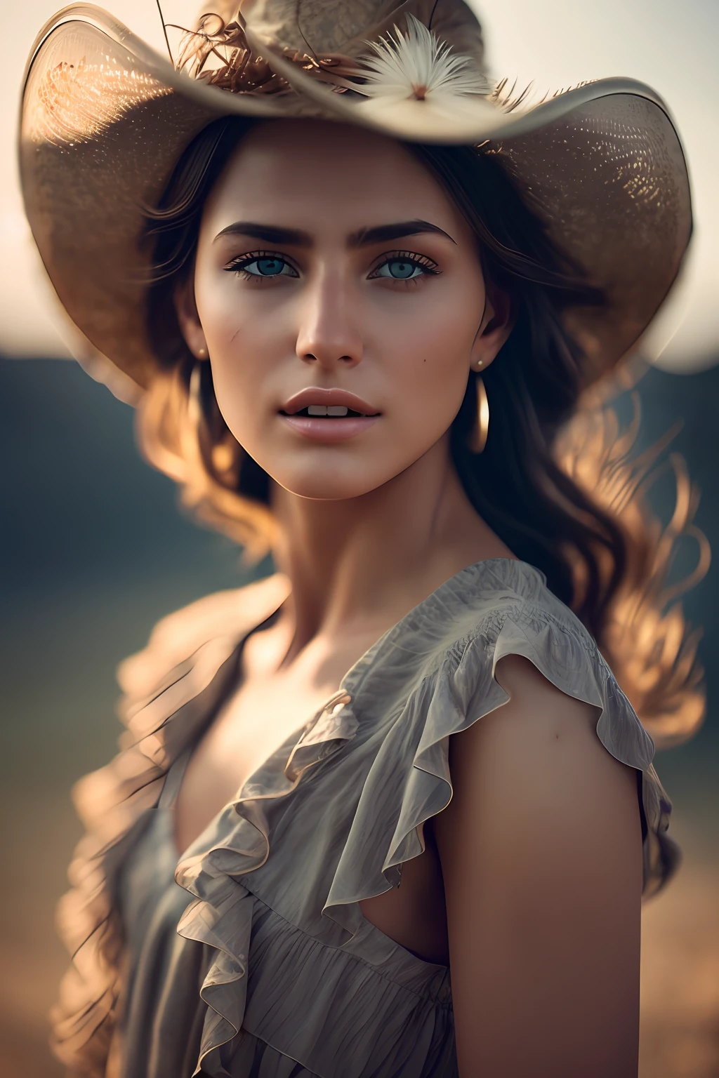 A woman with a hat and a dress is posing for a picture - SeaArt AI