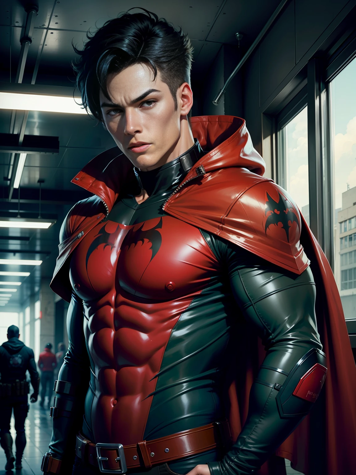 Un primer plano de un hombre vestido con un traje rojo y negro - SeaArt AI