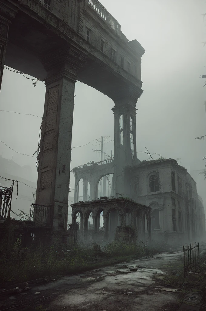 A hauntingly beautiful abandoned cityscape, with crumbling buildings, overgrown with vines ...