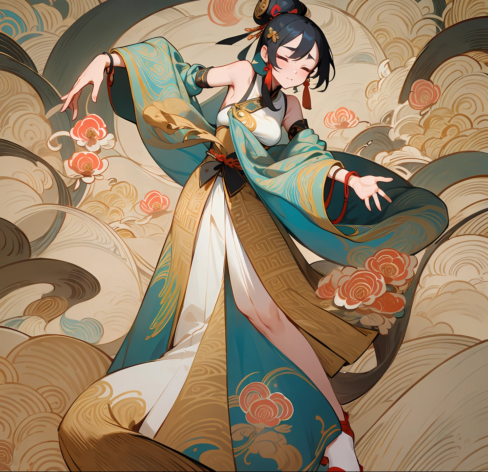 An ancient Chinese Dunhuang dancer dances with her eyes closed, Dunhuang frescoes, gorgeous ...