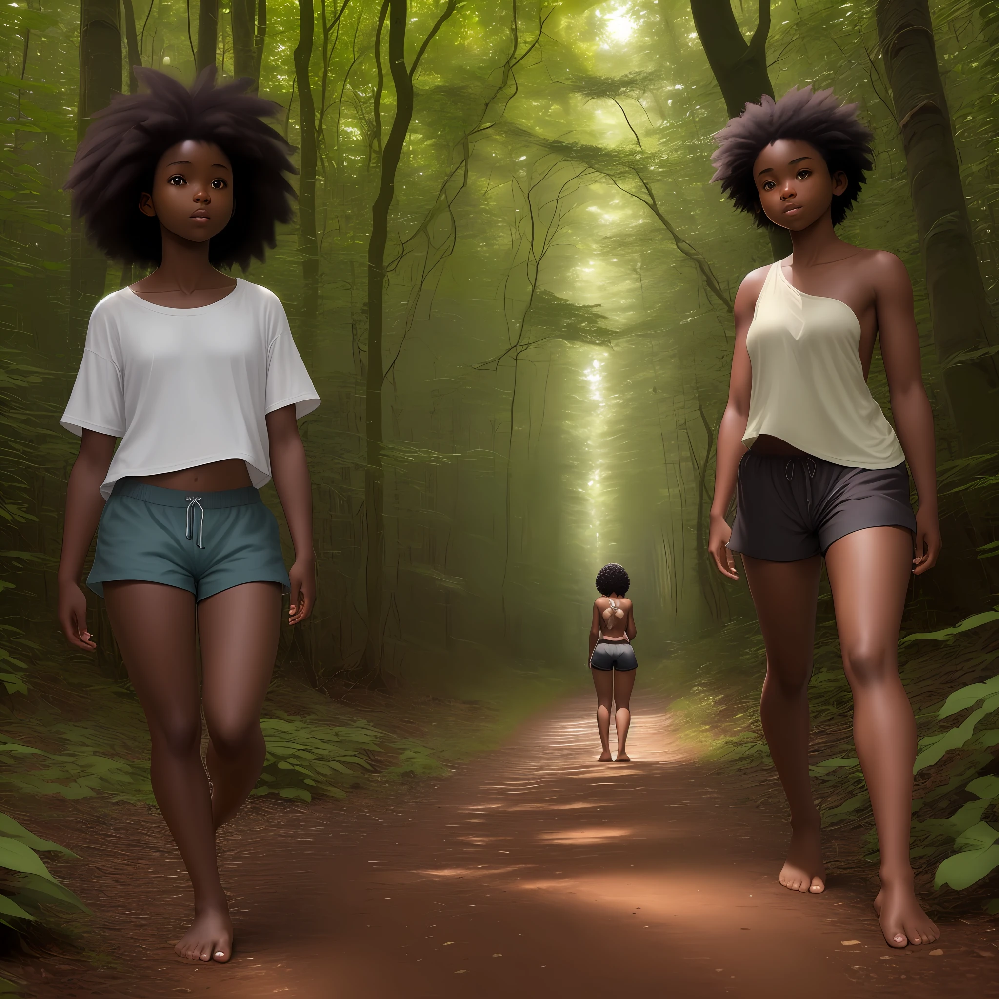Two women walking down a path in the woods with a small child - SeaArt AI