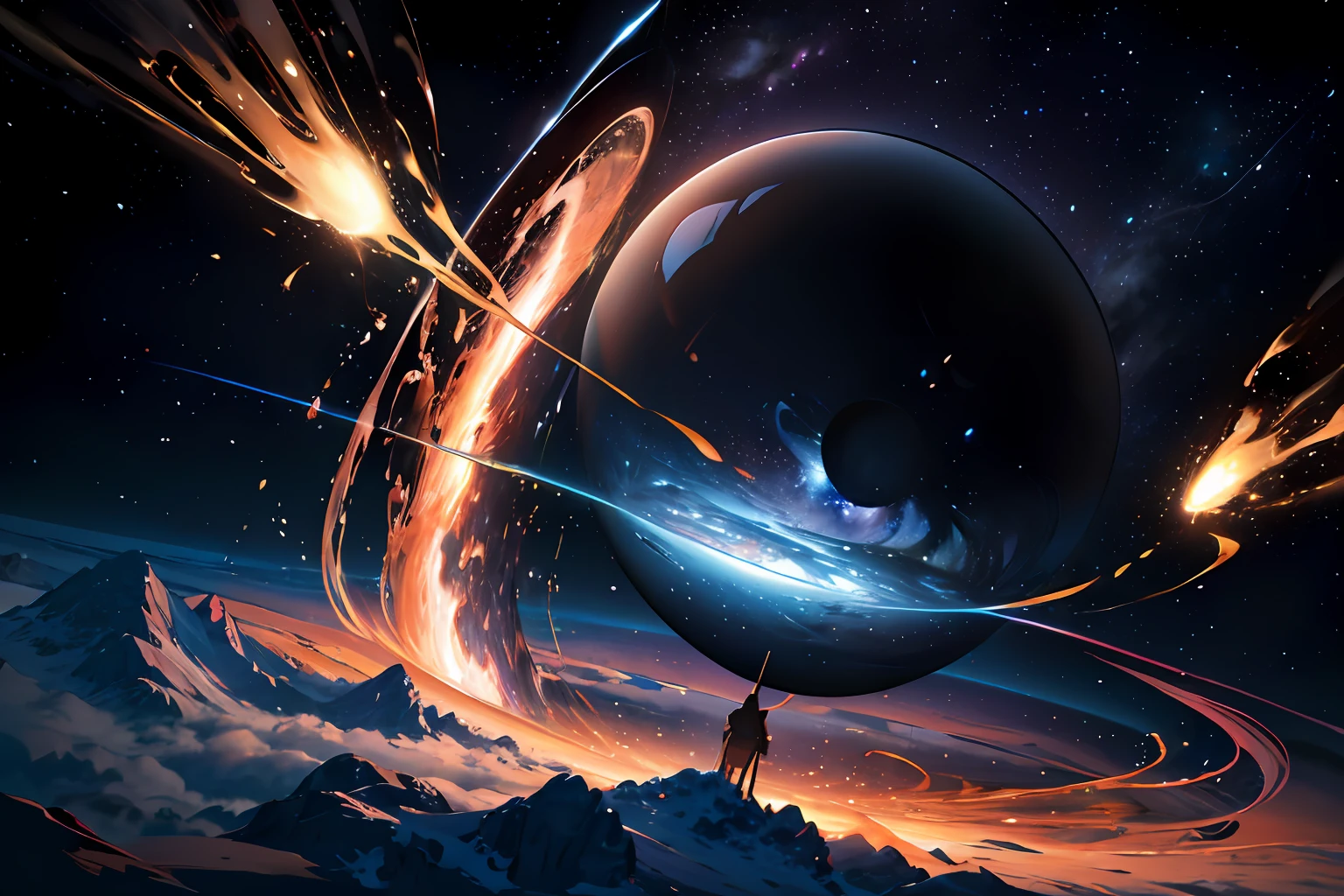 A man standing on a mountain looking at a planet with a star in the background - SeaArt AI