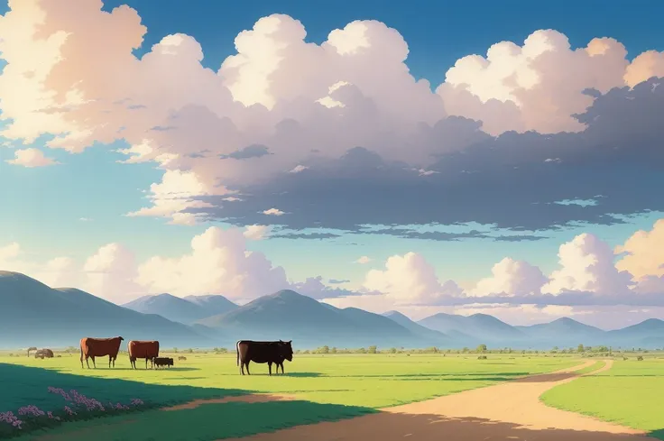 Anime Illustration Ranch Cow Landscape - SeaArt AI