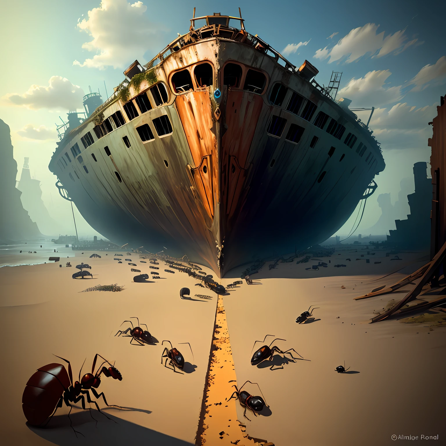 There are many ants crawling around a ship on the beach - SeaArt AI