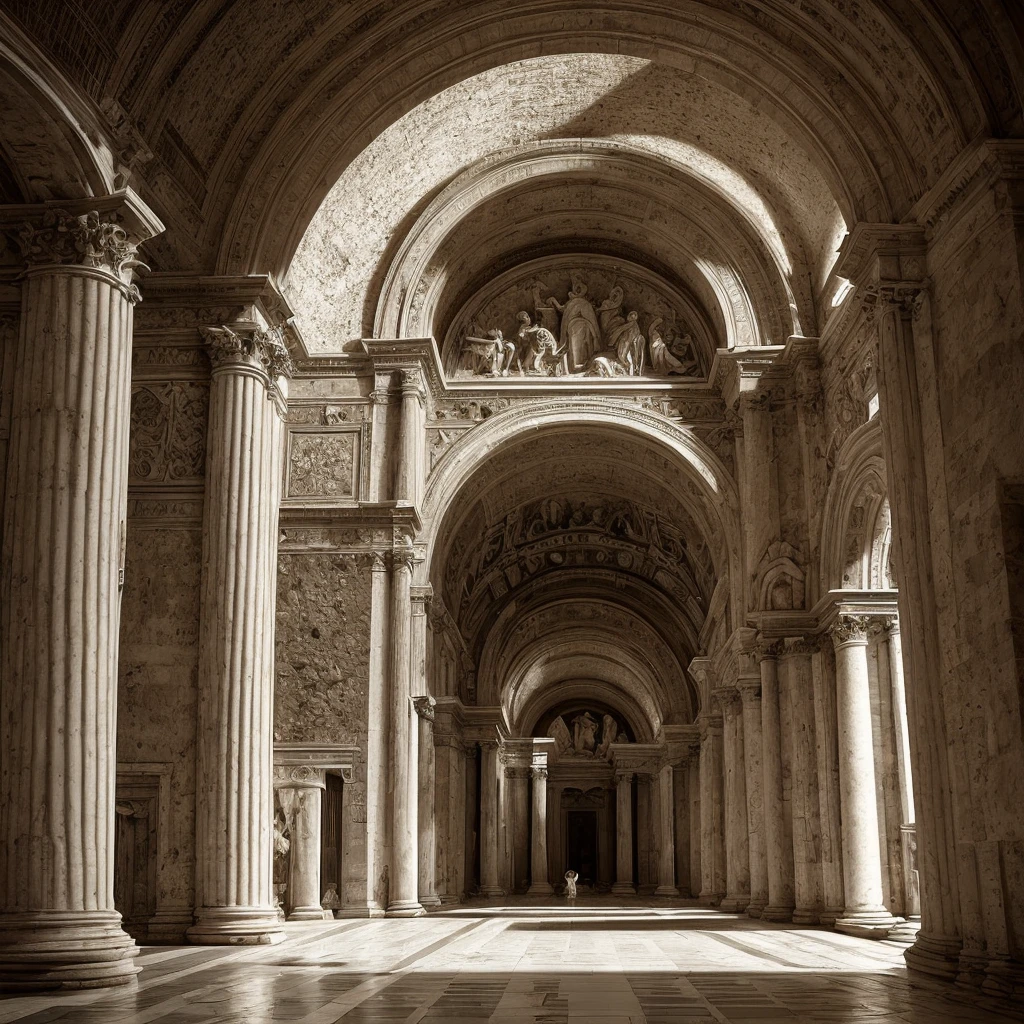 A close up of a building with columns and a ceiling - SeaArt AI