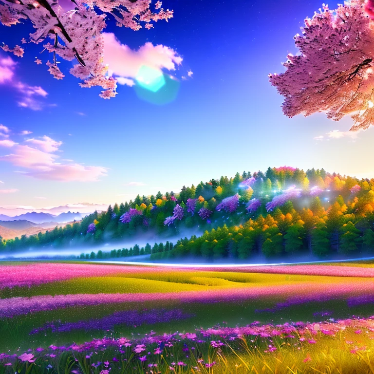 A beautiful landscape with a field of flowers and trees - SeaArt AI