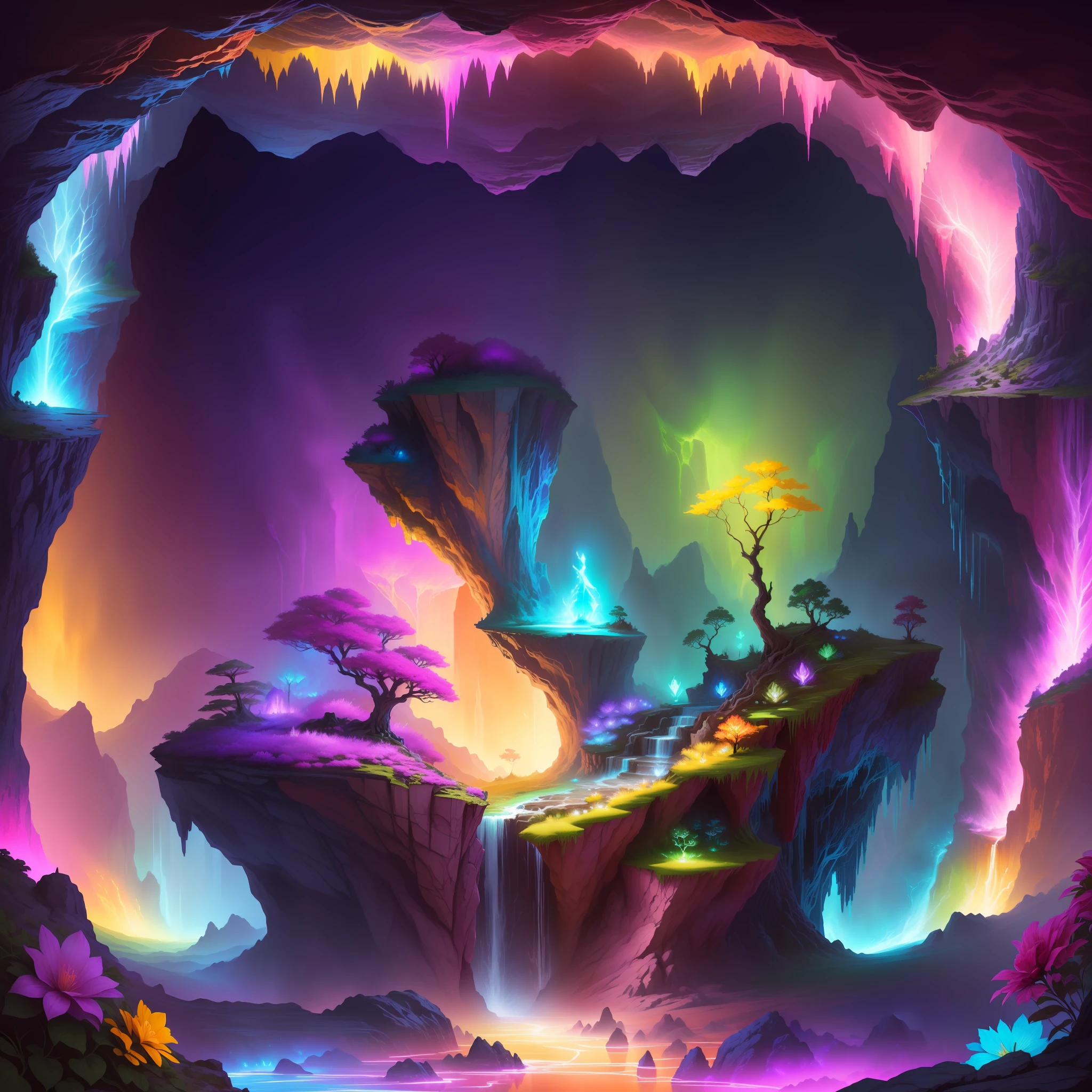 a close up of a waterfall with a tree in the middle of it, magical cave ...