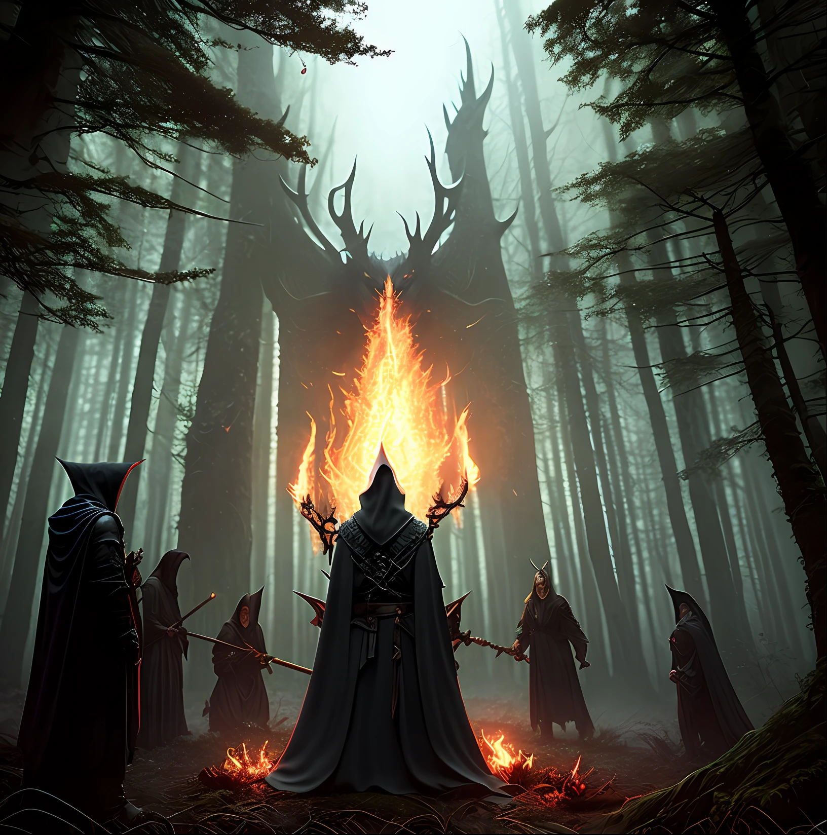 Satanic ritual in forest, hooded people in circle, red and giant demon ...