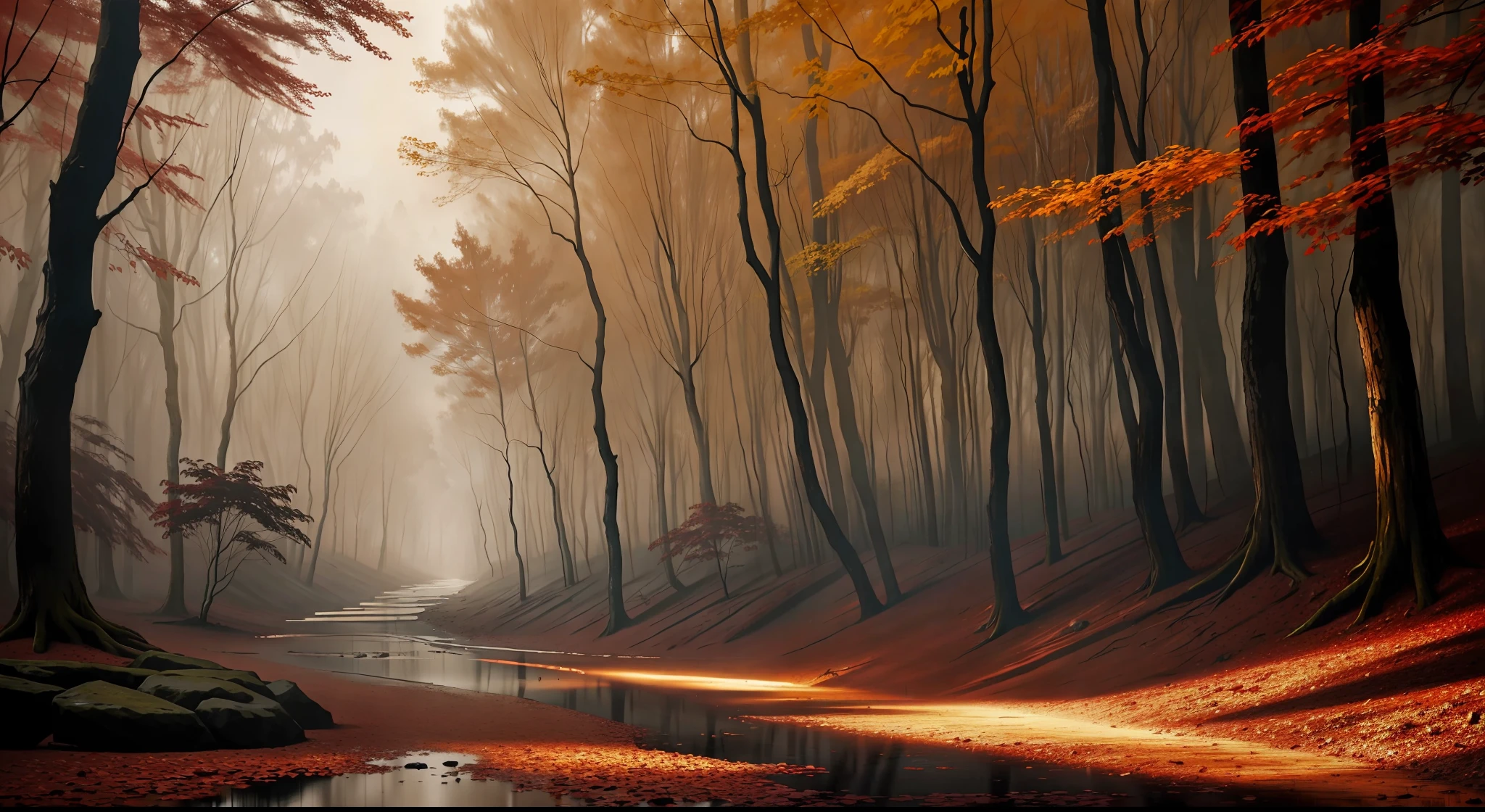 A close up of a stream in a forest with trees - SeaArt AI