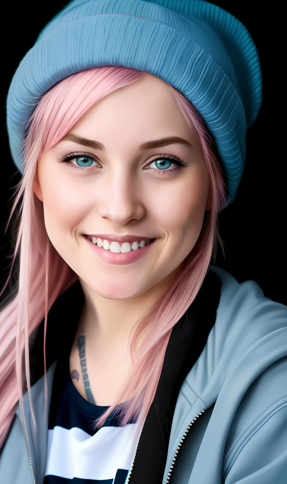 Arafed woman with pink hair and a blue hat smiling - SeaArt AI