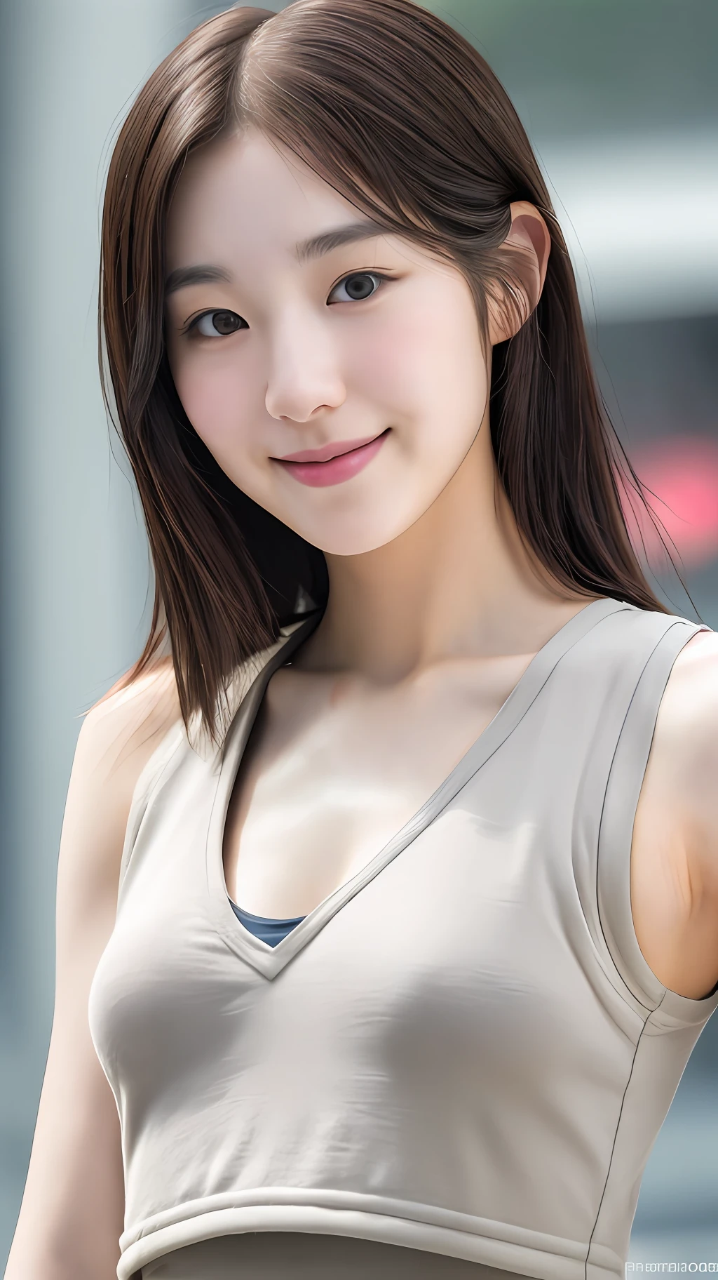 A woman with long hair and a gray top posing for a picture - SeaArt AI