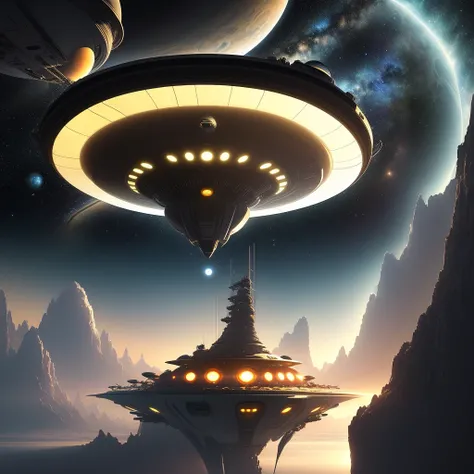 mothership landed on saturn, concept art, starship, sci-fi, saturns ...