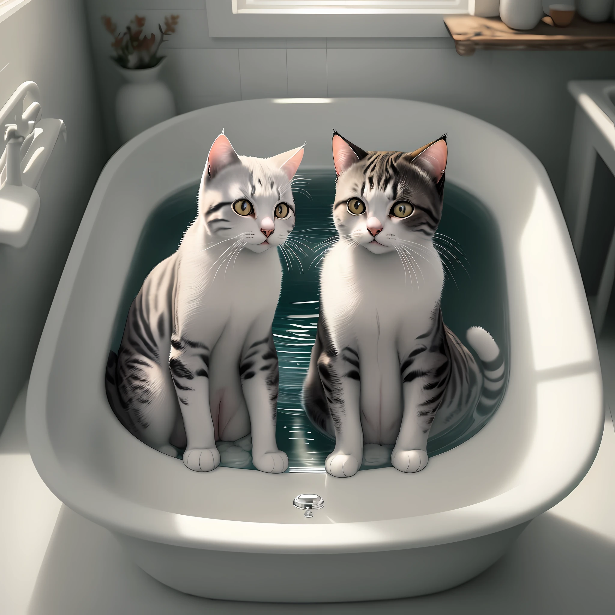 There are two cats sitting in a tub with water in it - SeaArt AI