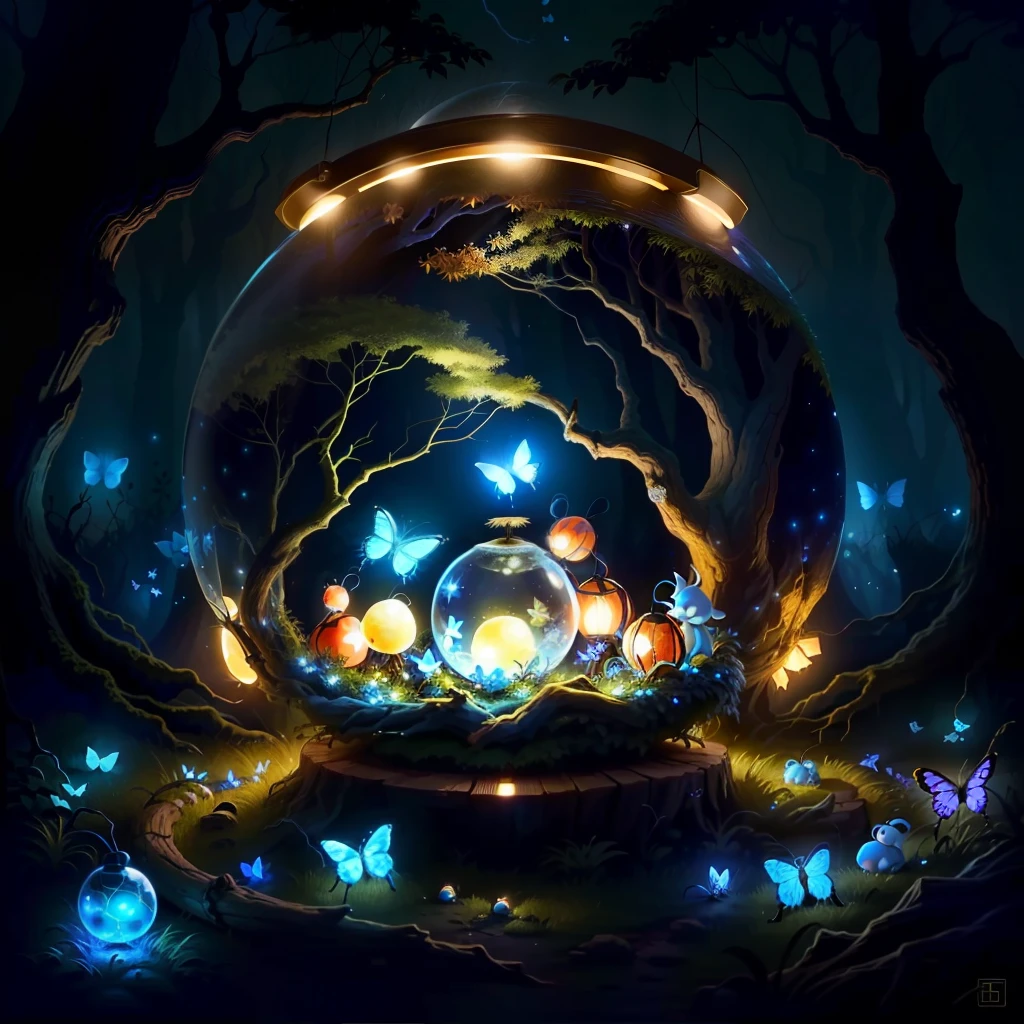 drawing me a nest of night smurfs ants in an old forest, twinkling ...