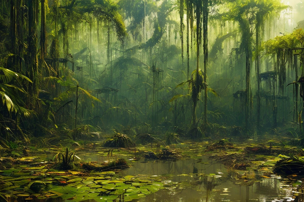 Arafed view of a swamp with lily pads and trees - SeaArt AI