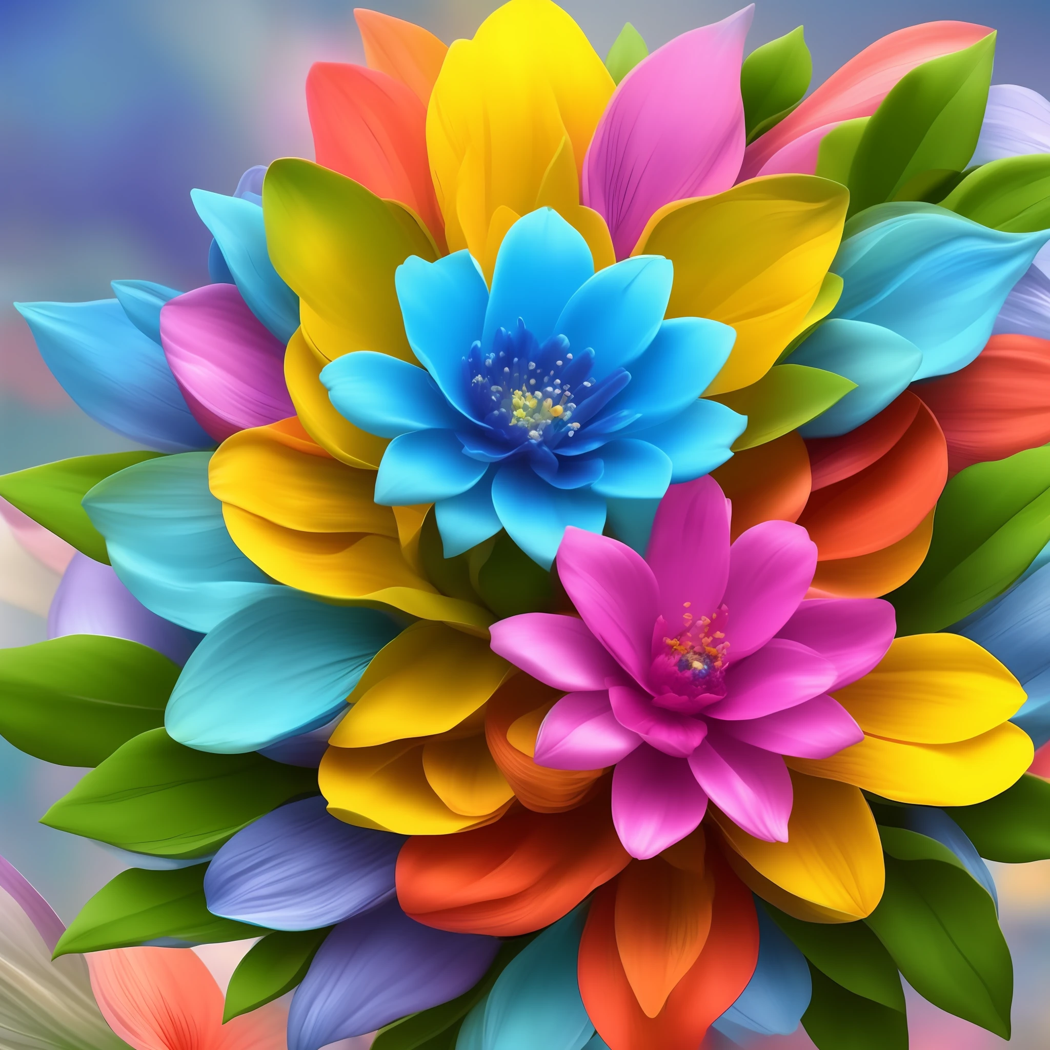 Brightly colored flowers are arranged in a bouquet on a table - SeaArt AI