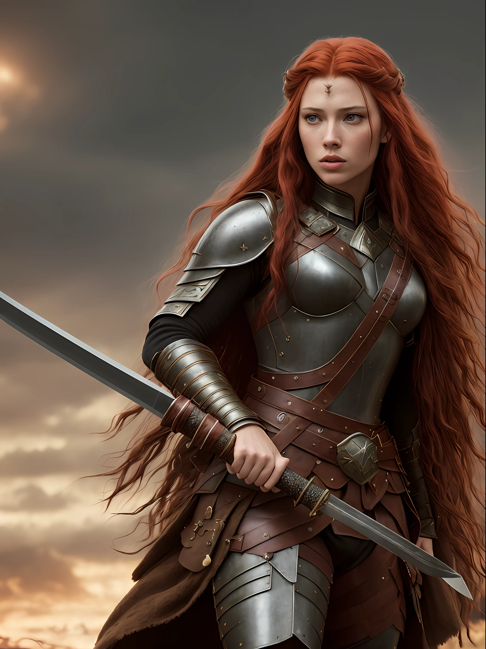 A photorealistic portrait of a warrior Scarlet Johansen with long red ...