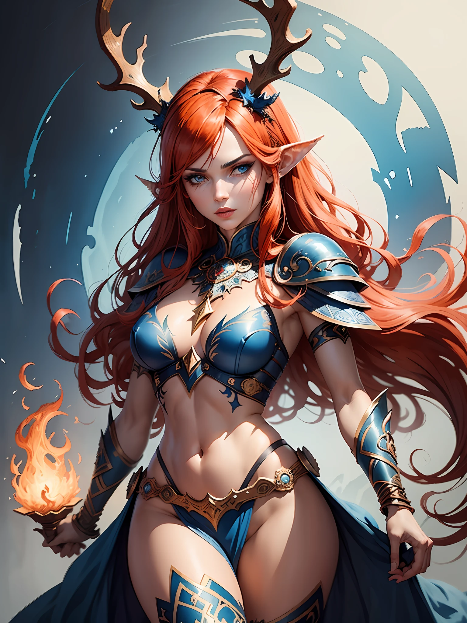 hand drawn sketch illustration of a beautiful dnd ifreet djinn girl with flaming red hair, blue ...