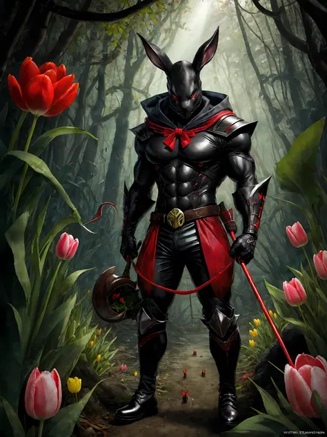 rabbitman , evil demon , bow , red eyes, ready to fish - SeaArt AI