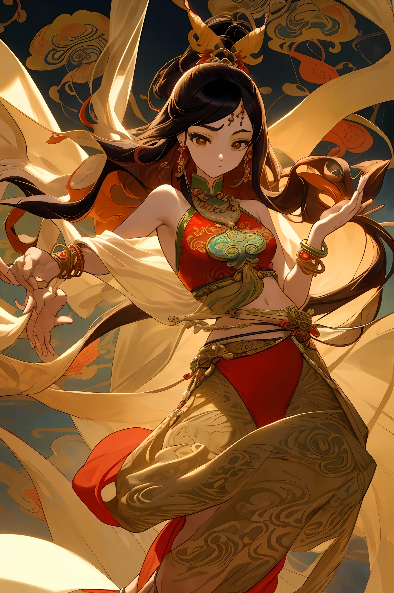 Dunhuang flying murals as inspiration, an ancient Chinese dancer, gorgeous Dunhuang costumes ...