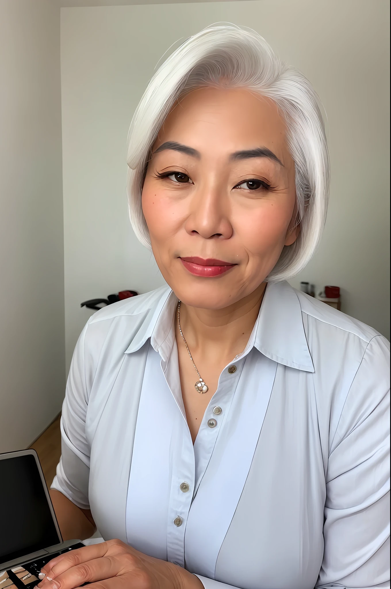 A webcam photo of Asian woman, sks white hair - SeaArt AI