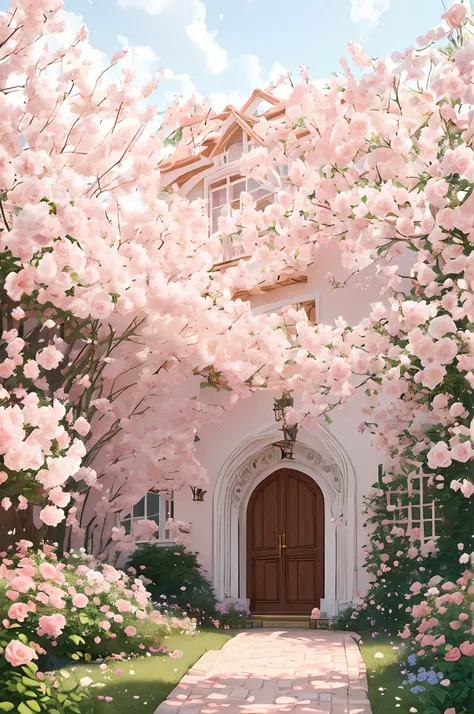 Professional photography, realistic, a clump of pink roses outside the ...