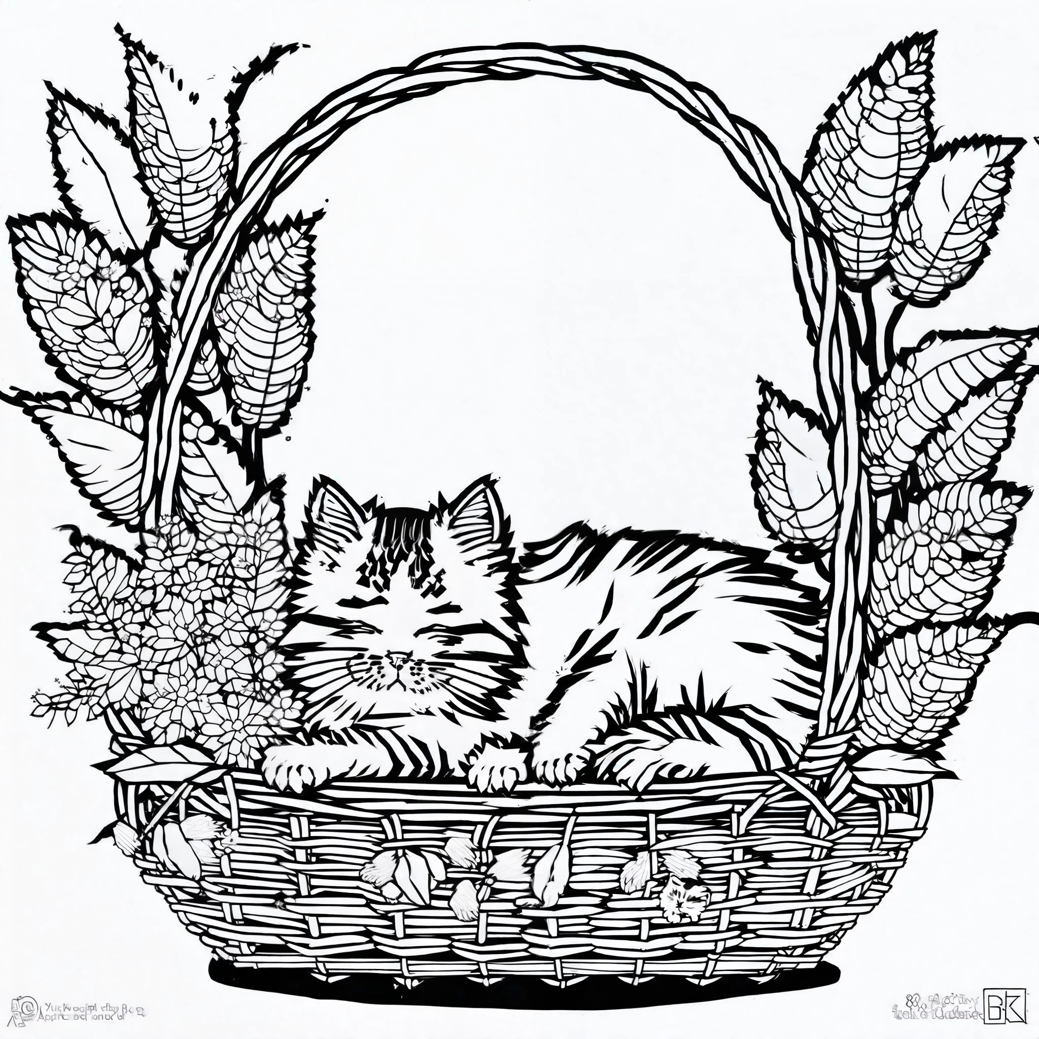 A drawing of a cat laying in a basket with plants - SeaArt AI