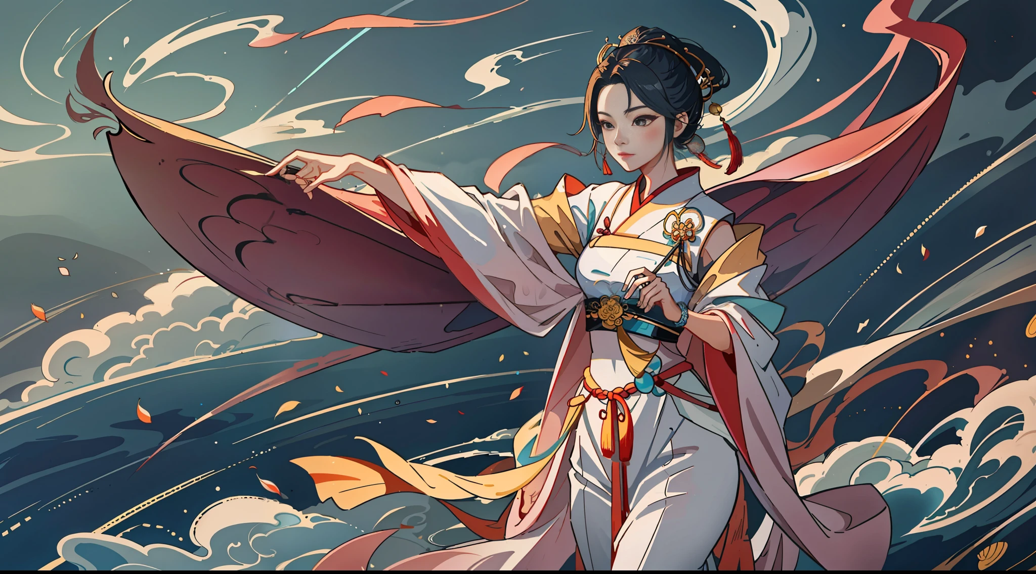 An ancient Chinese beauty, holding ruyi in her hand, wearing ancient Chinese clothing, flowing ...