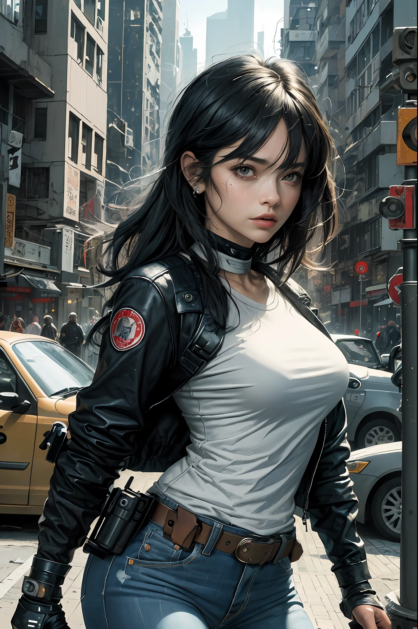 Arafed woman in a white shirt and black jacket walking down a street - SeaArt AI