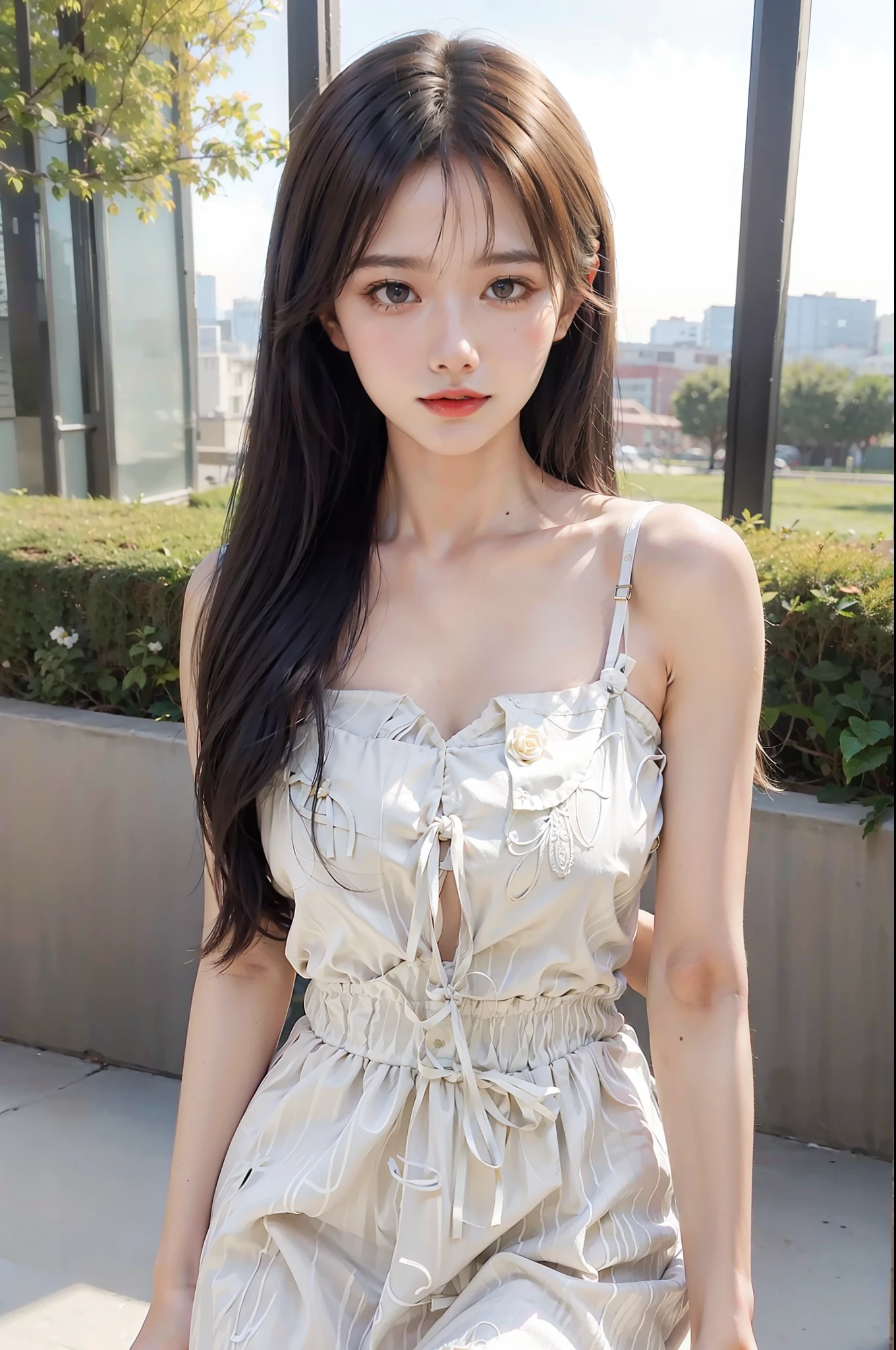 Un primer plano de una mujer con un vestido sentada en un banco - SeaArt AI