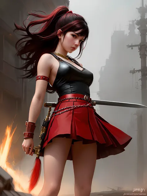 stunningly beautiful photo realistic cute warrior in skirt , using red chains, with red arms ...