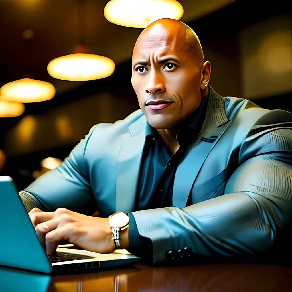 Dwayne Johnson using a computer at a restaurant table - SeaArt AI