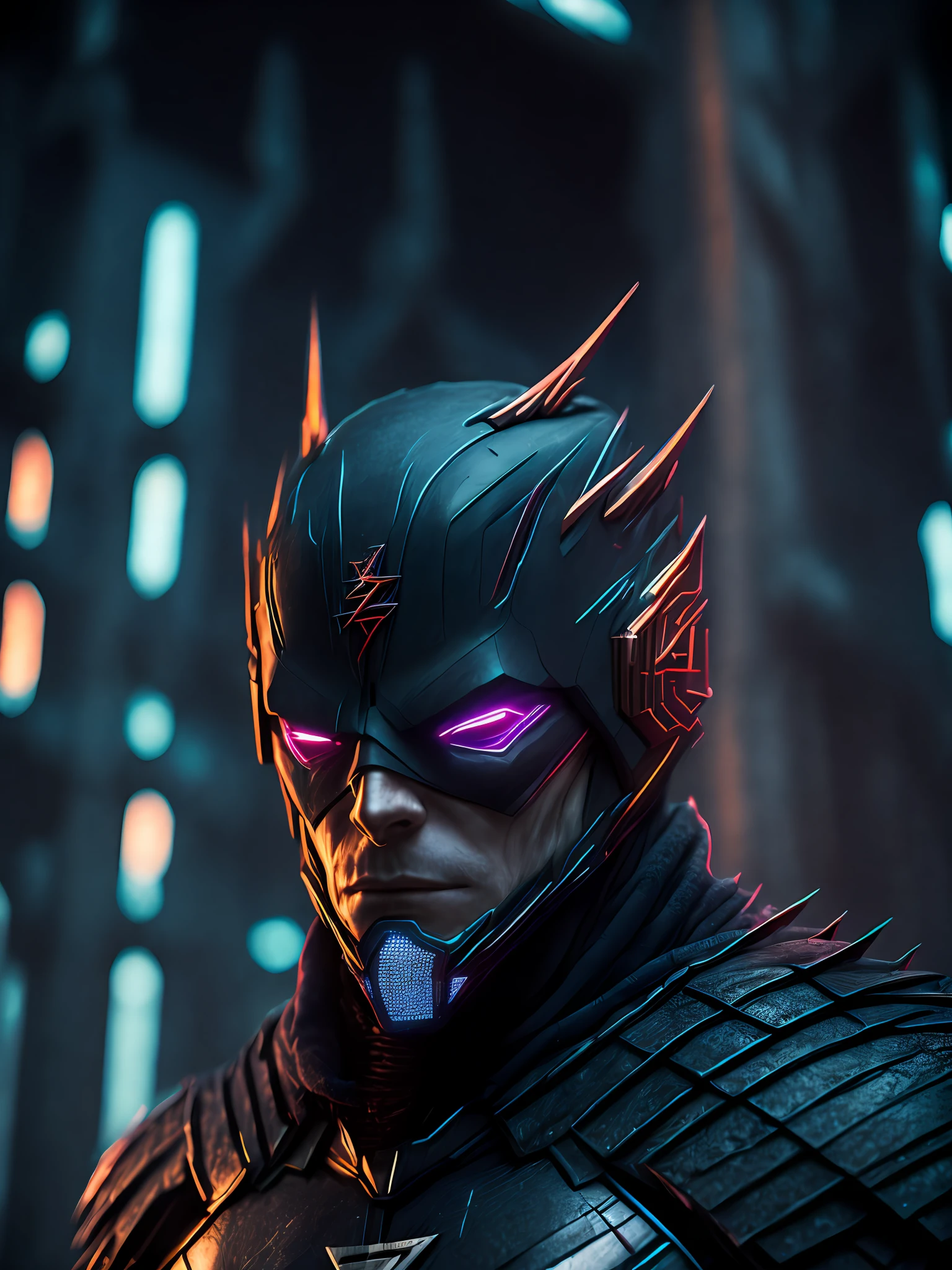 gloomy portrait of Evil Flash from DC with intricate angular cybernetic implants inside a ...
