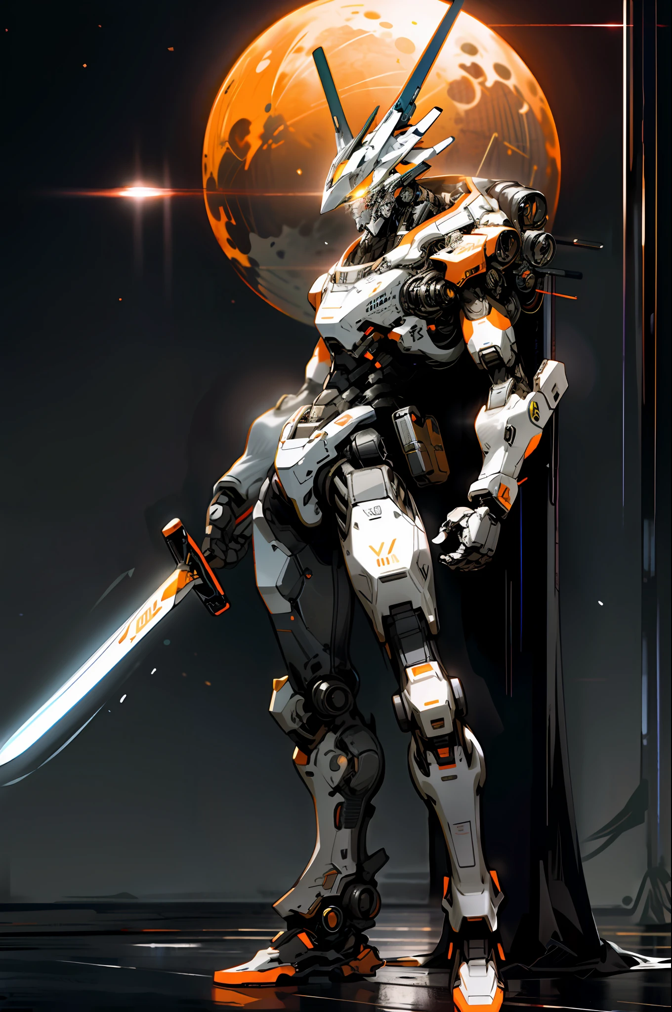 A close up of a robot with a sword in front of a full moon - SeaArt AI