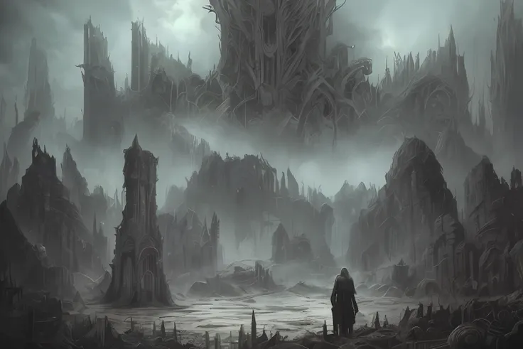 vast scenario of horror, dark valley with abyss, digital illustration ...