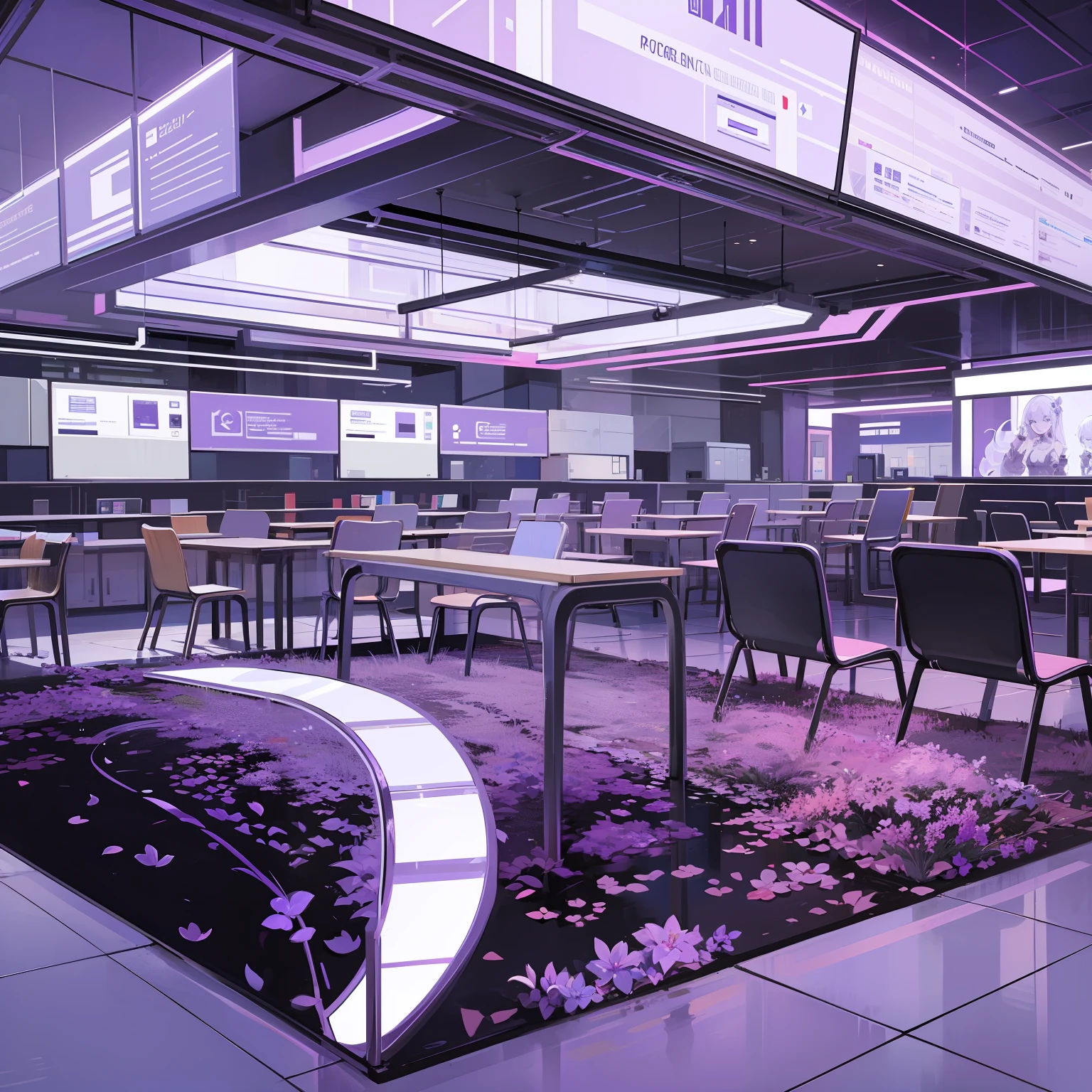 High tech school with the color scheme being purple, white and blue ...