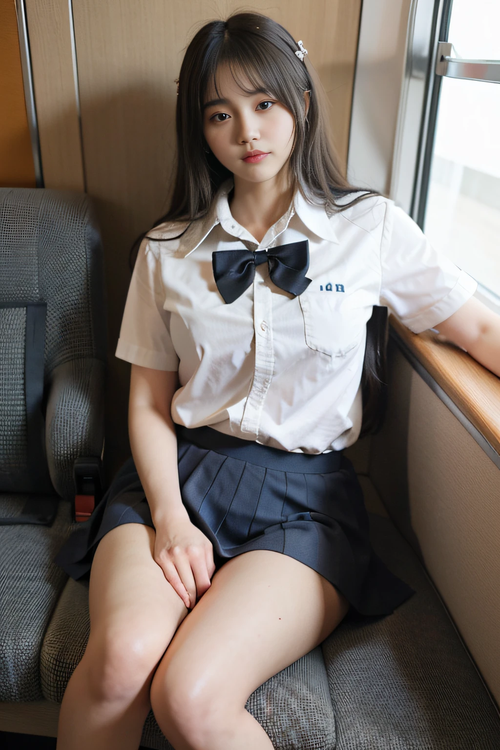 Araffe asian woman in a short skirt and bow tie sitting on a train - SeaArt AI