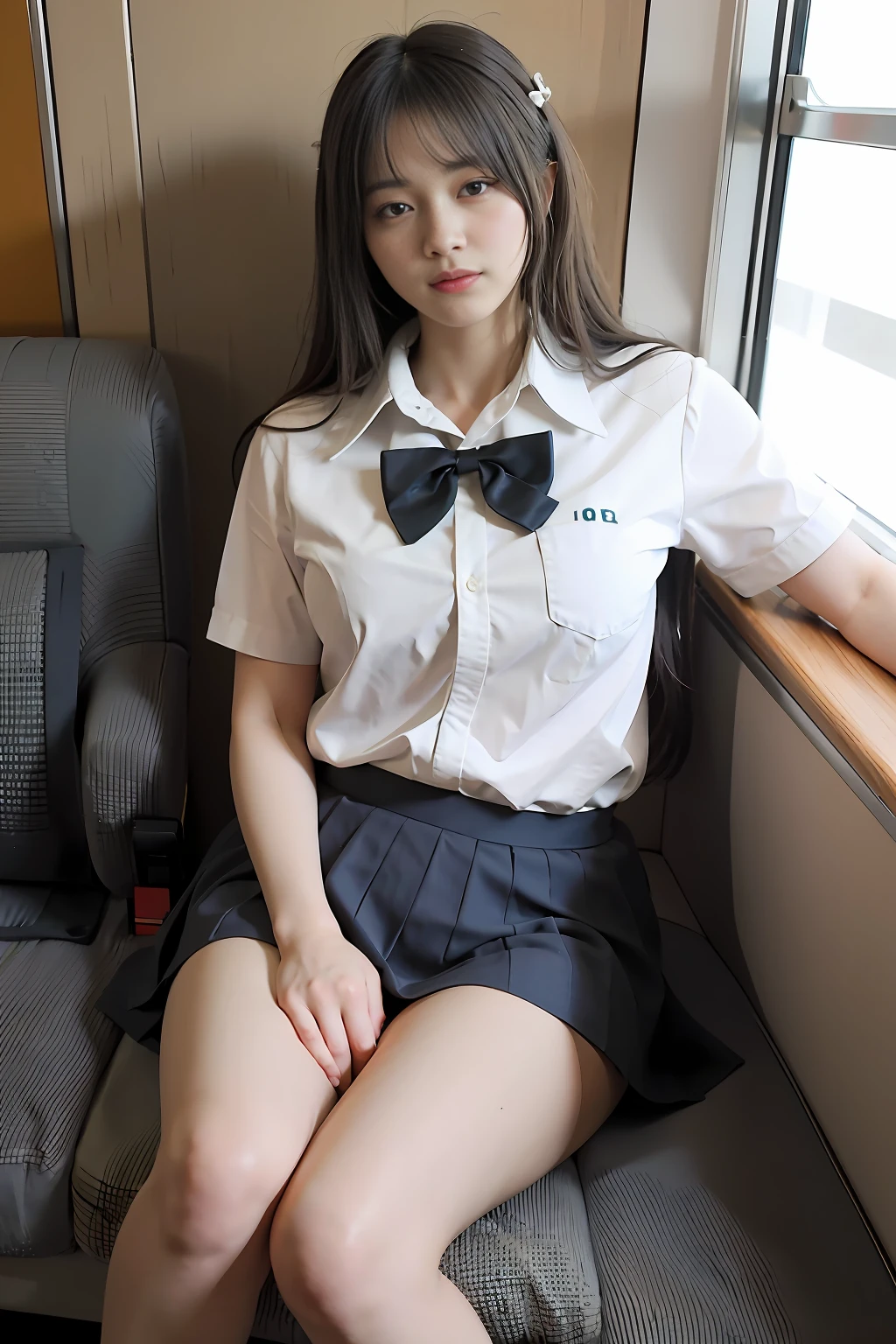 Araffe asian woman in a short skirt and bow tie sitting on a train - SeaArt AI