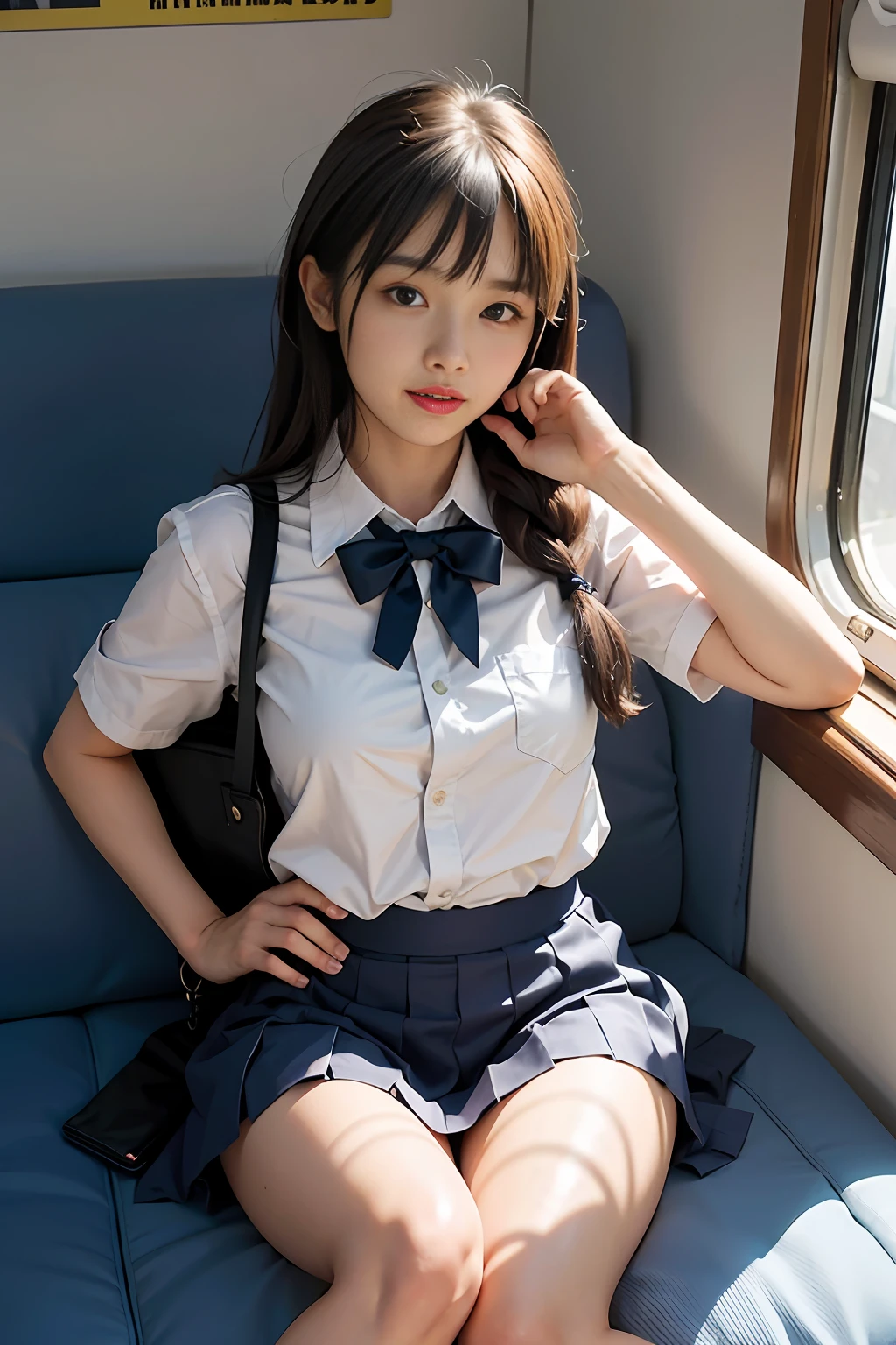 Arafed asian woman sitting on a train seat with a cell phone - SeaArt AI