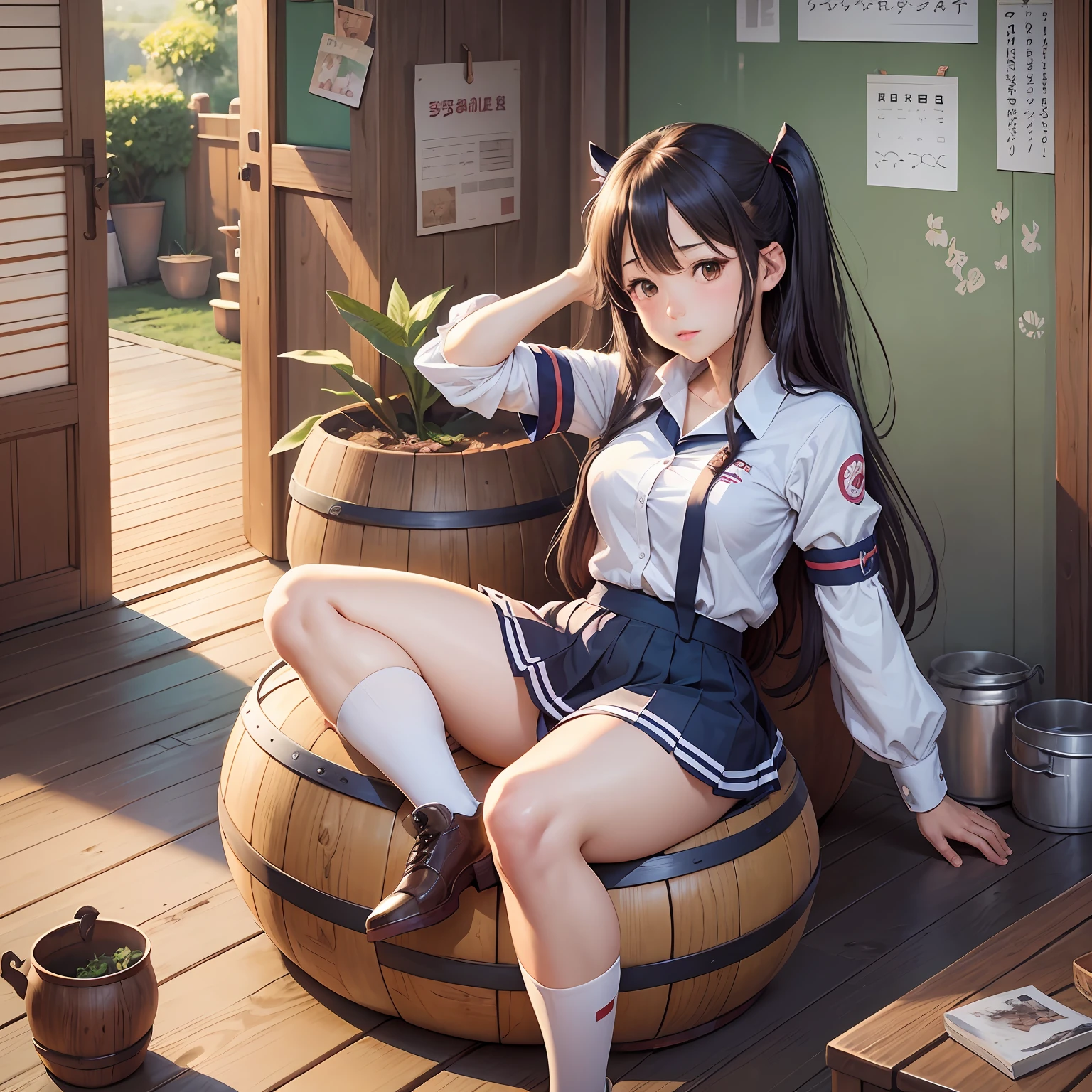 鍋を手に樽の上に座っている女性, フルカラー漫画の表紙, nagatoro, konpeki no kantai, 艦これ - SeaArt AI