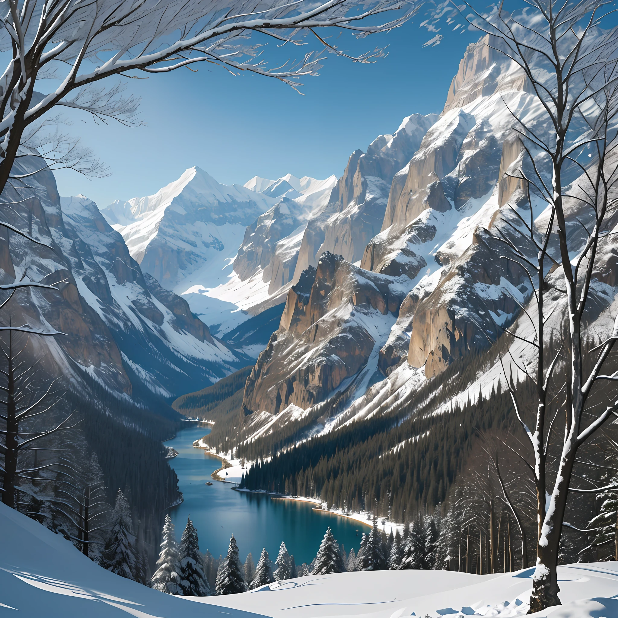 Landscape of snowy mountains in the rays of the sun high detail ...