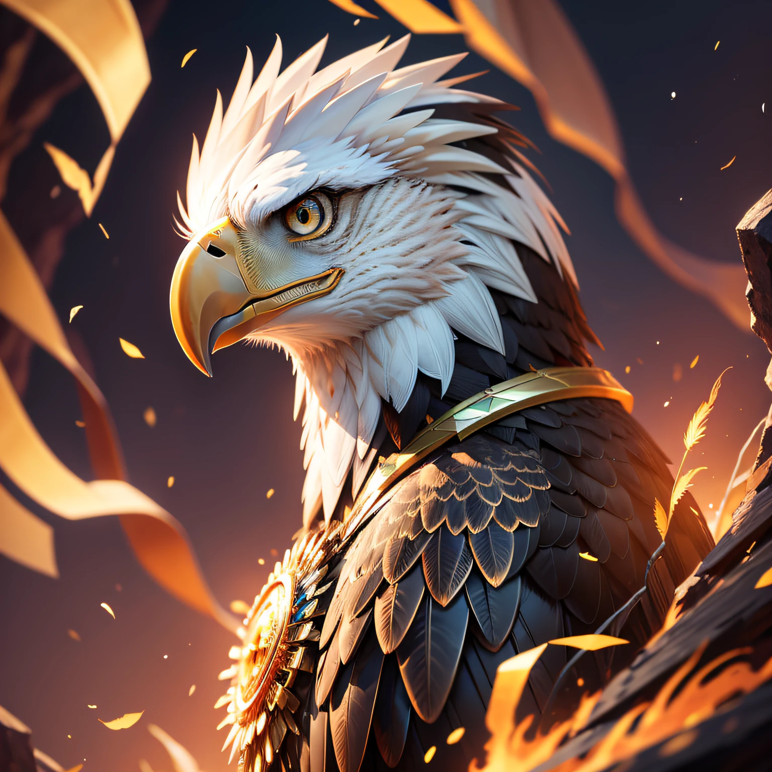Eagle head with metallic beak, metallic feathers and flaming eyes, high ...