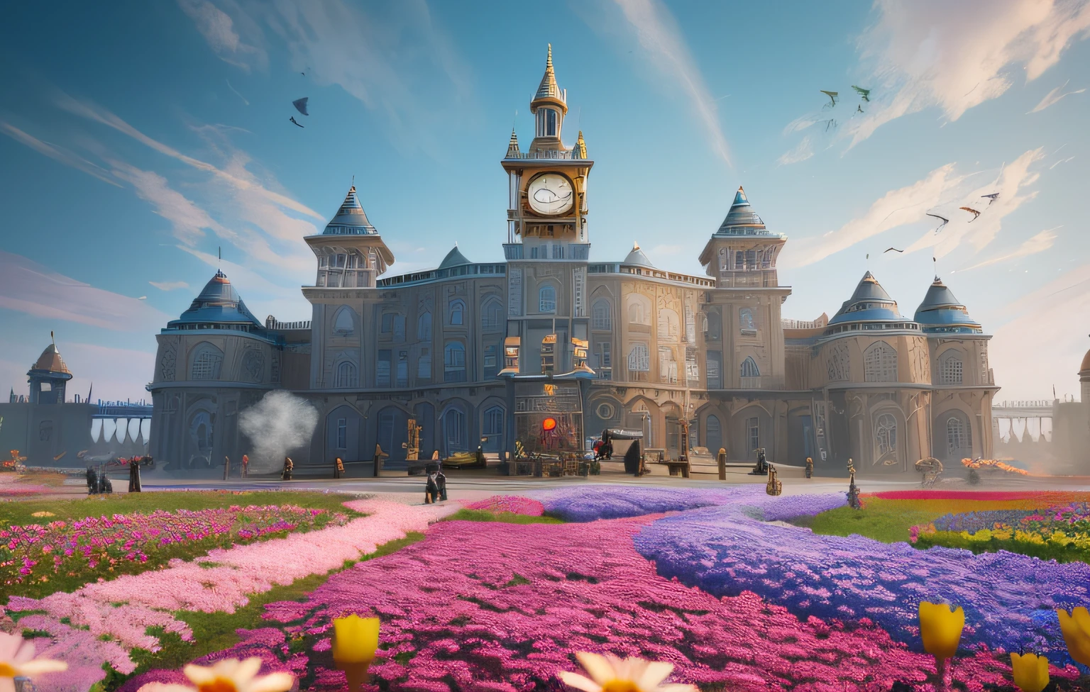 There is a large castle with a clock tower in the middle of a field of flowers - SeaArt AI