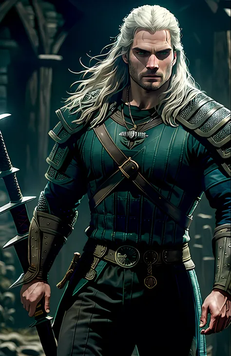 cowboy shot of henry cavill as geralt of rivia, muscular, chainmail ...