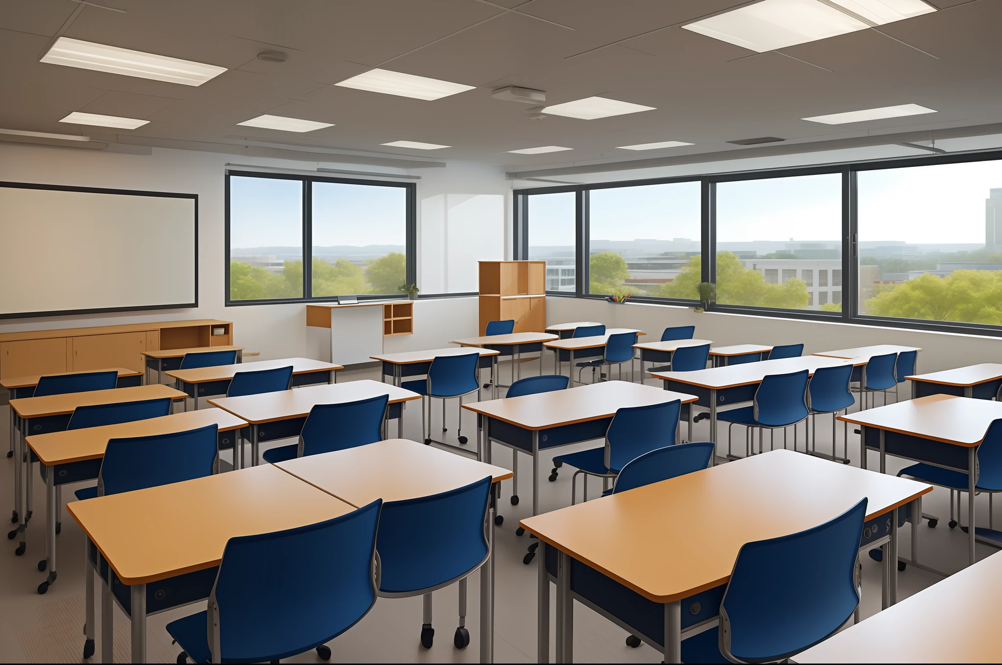 There are many desks and chairs in this classroom with a projector ...