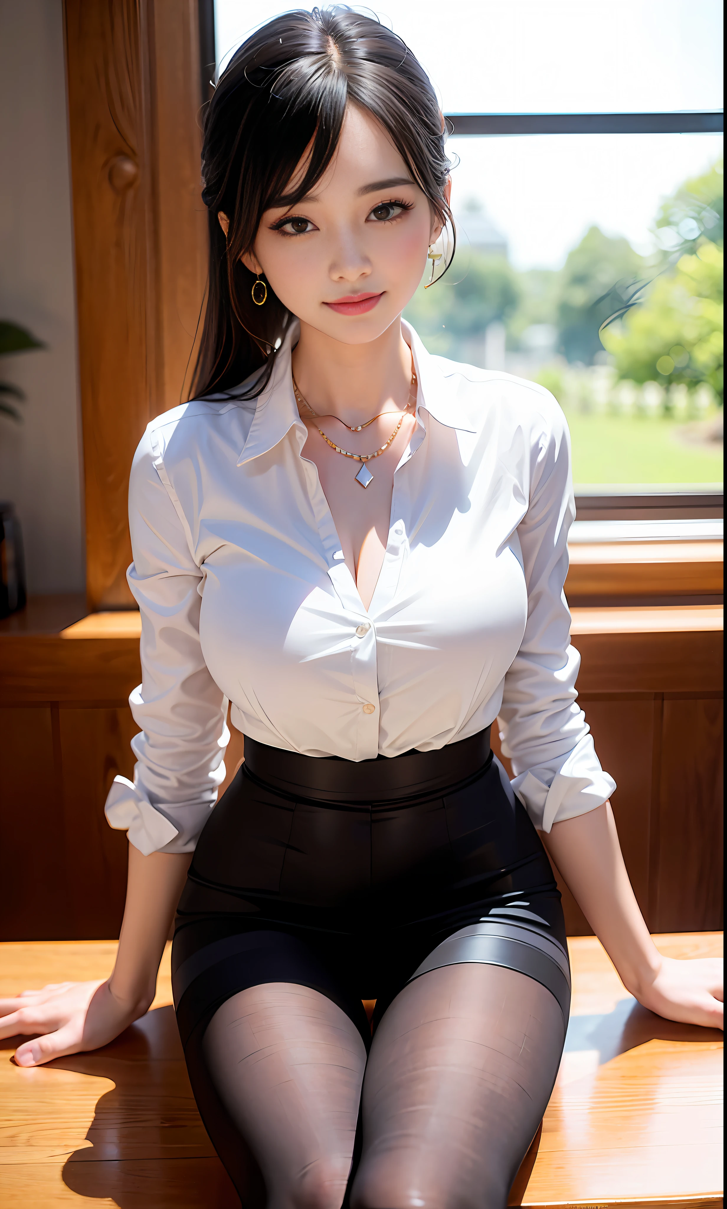 Araffe woman in a white shirt and black skirt sitting on a table - SeaArt AI