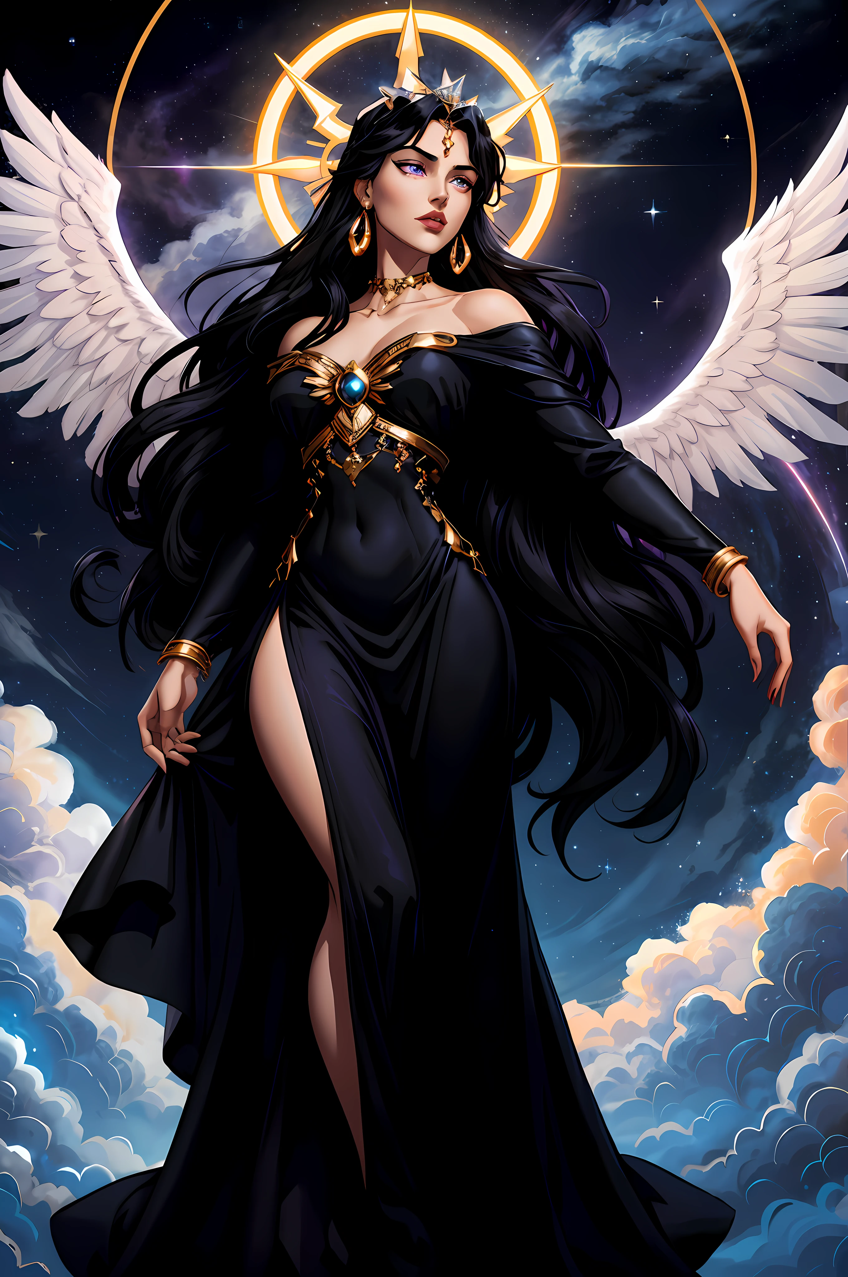 A woman in a black dress with angel wings and a star above her - SeaArt AI