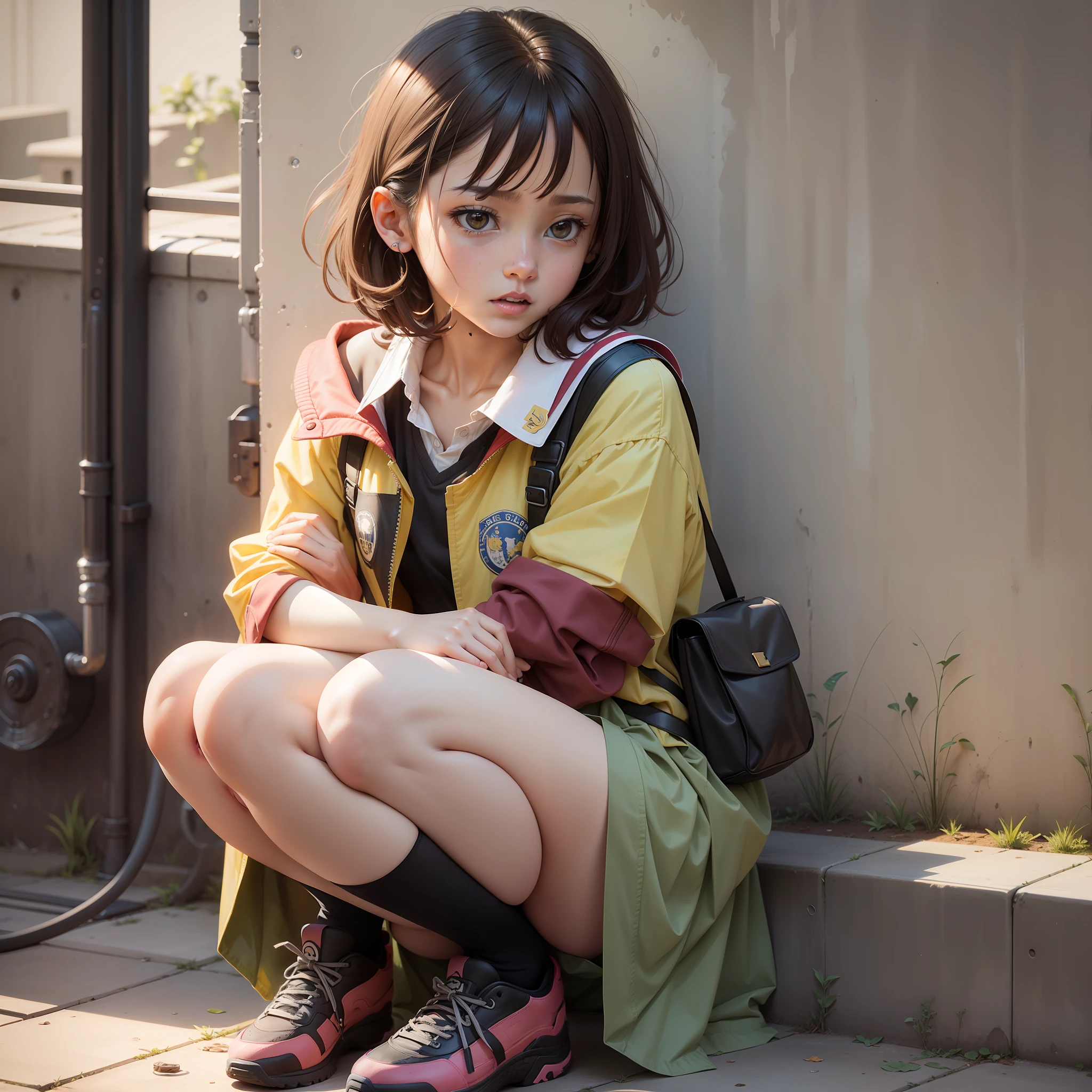 There is a woman sitting on the ground with a backpack - SeaArt AI